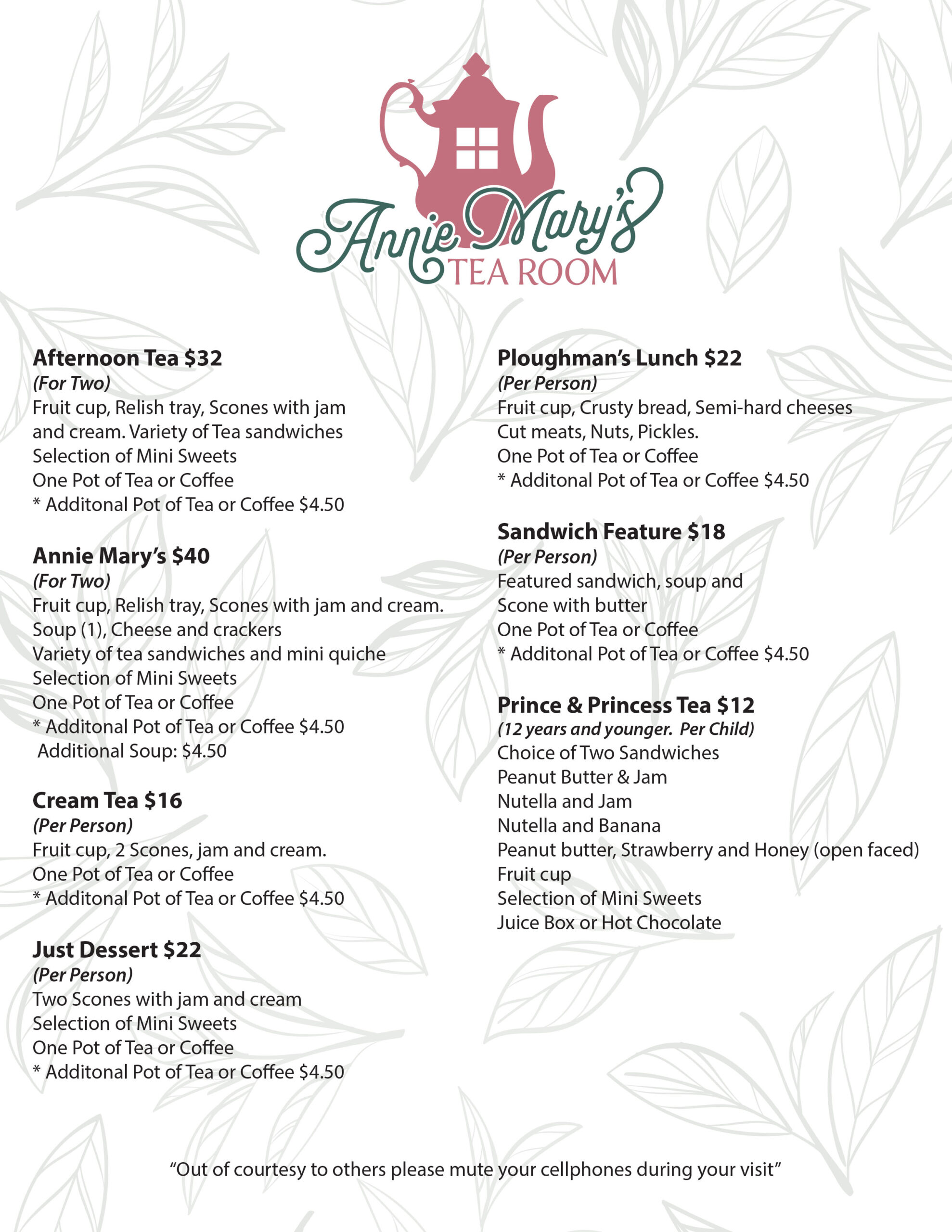 Menu Annie Mary s Tea Room