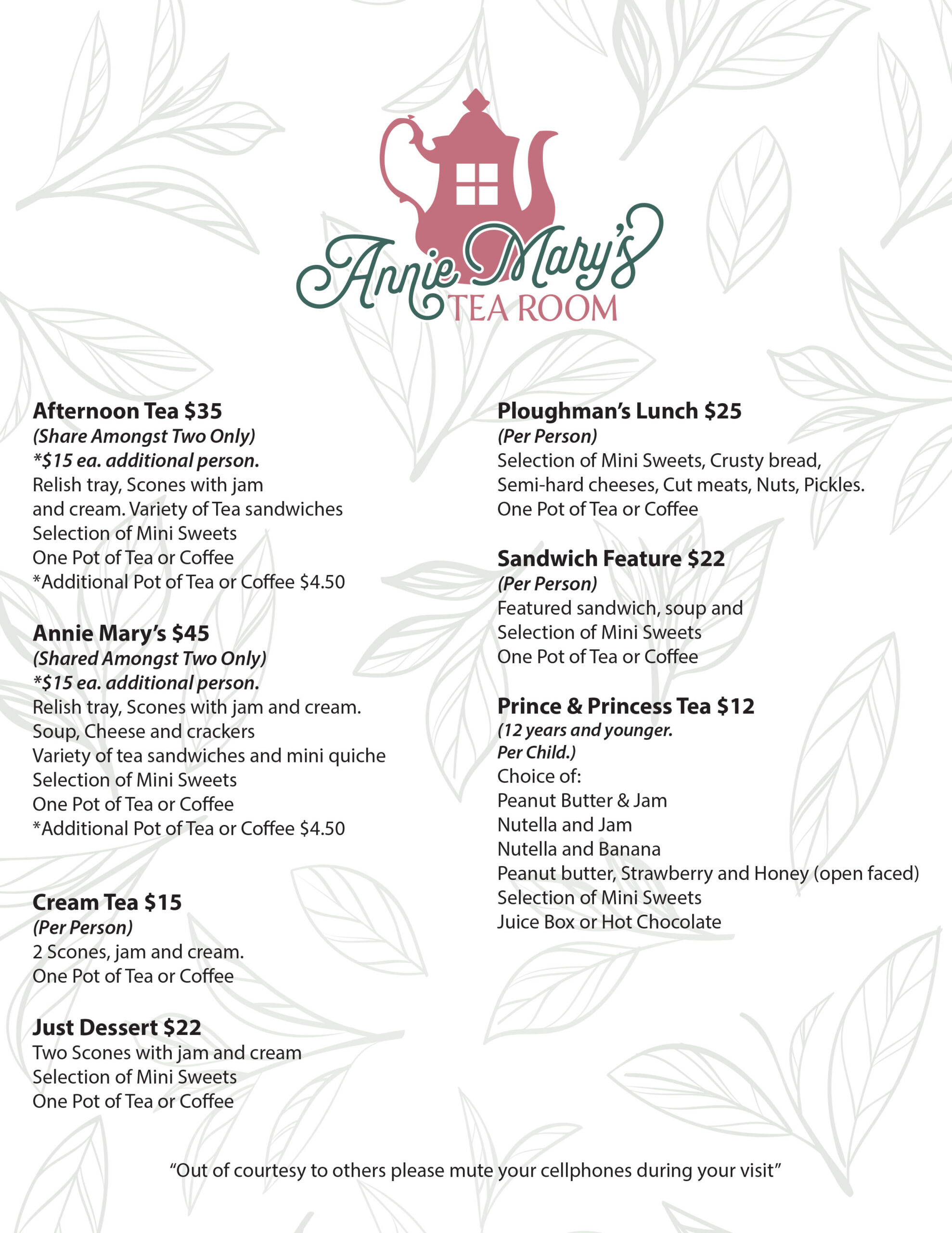 Menu | Annie Mary's Tea Room