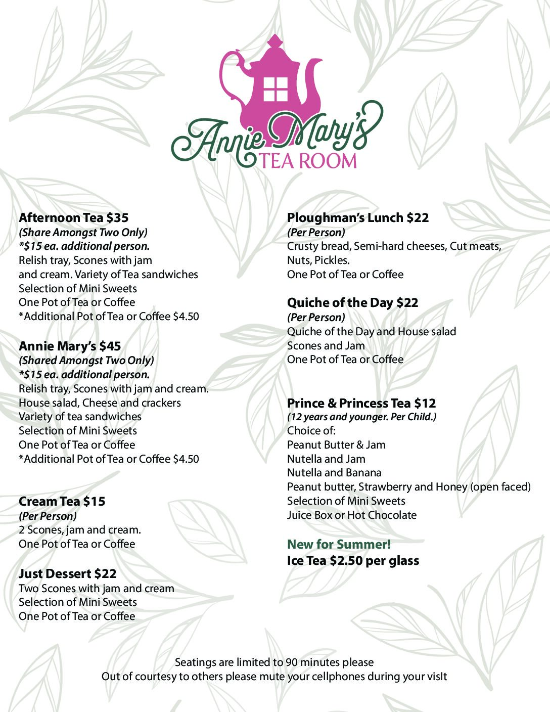Menu | Annie Mary's Tea Room